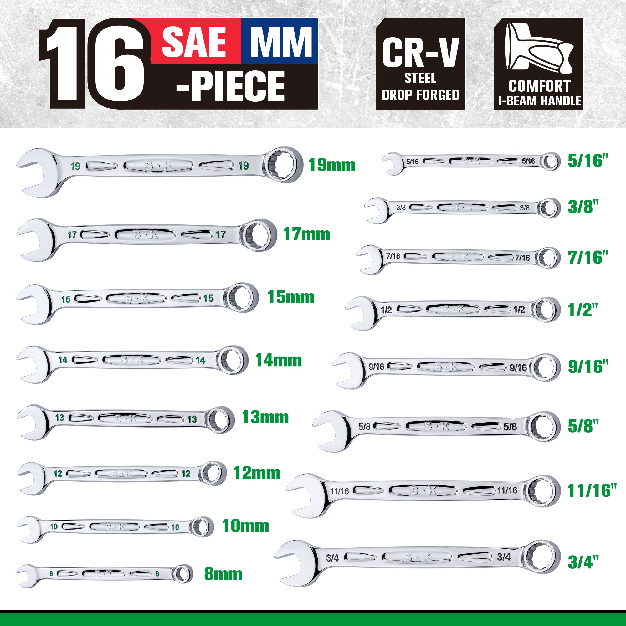 SK Tools USA - 16 Piece, 12 Point, SAE & Metric Chrome Combination Wre ...